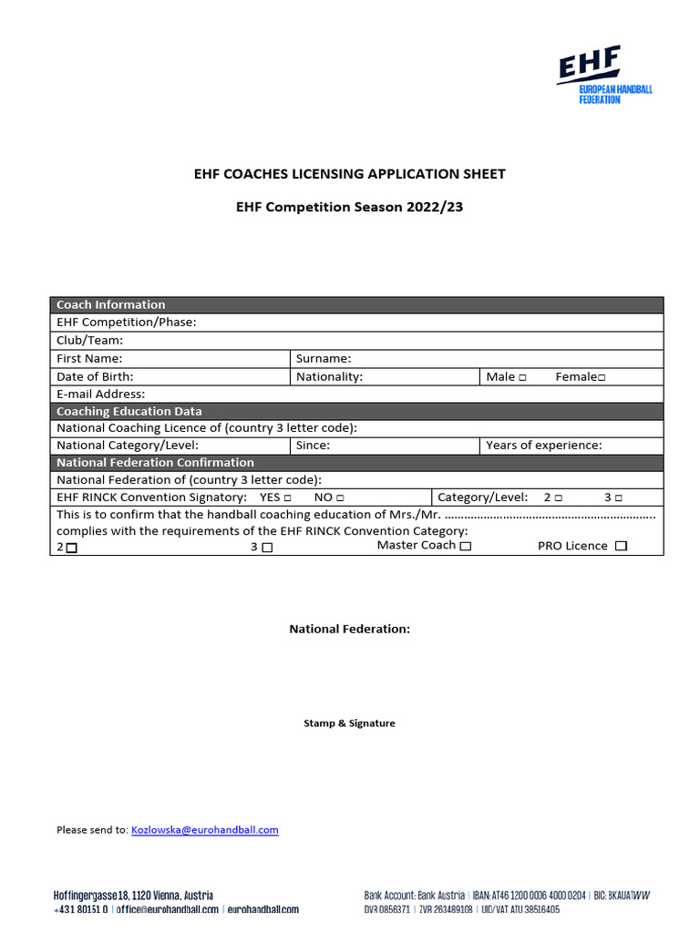EHF Coaches Licensing Form 2022/23 | PDF