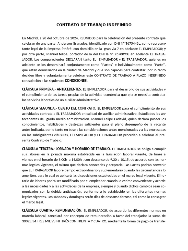 Modelo de Contrato Laboral Indefinido | PDF | Derecho laboral