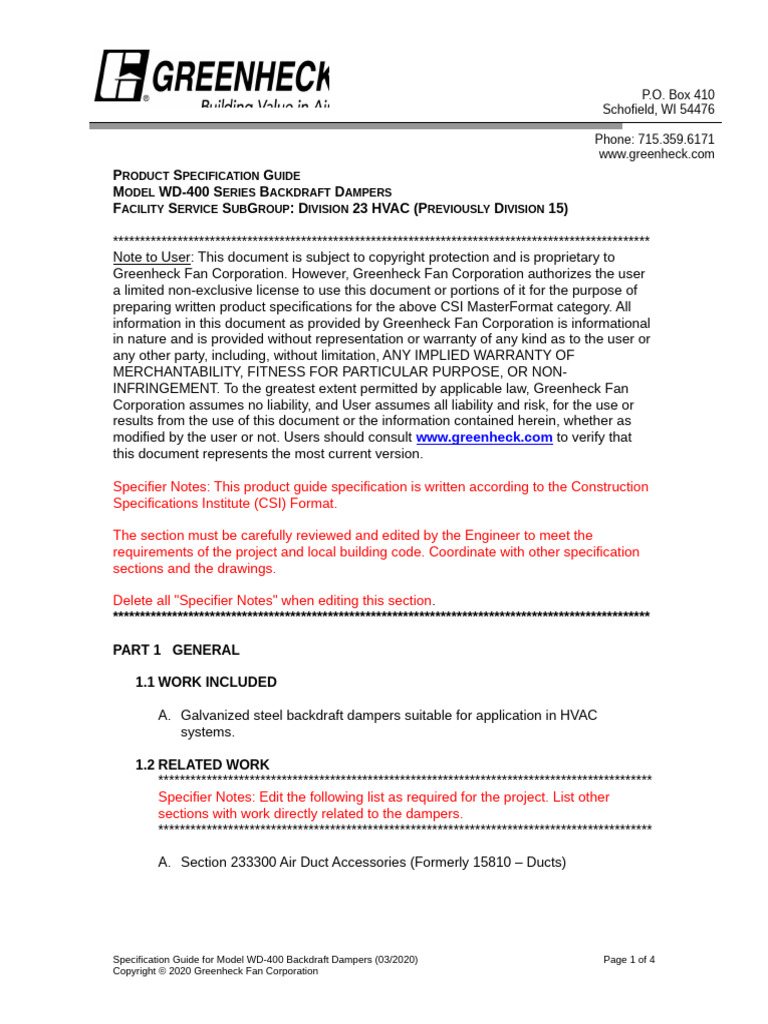 WD400series Spec | PDF | Duct (Flow) | Specification (Technical Standard)