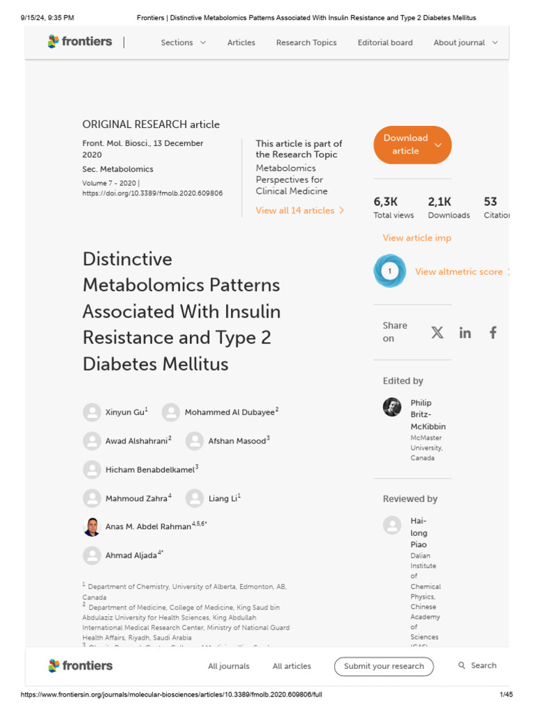 Frontiers - Distinctive Metabolomics Patterns Associated With Insulin ...
