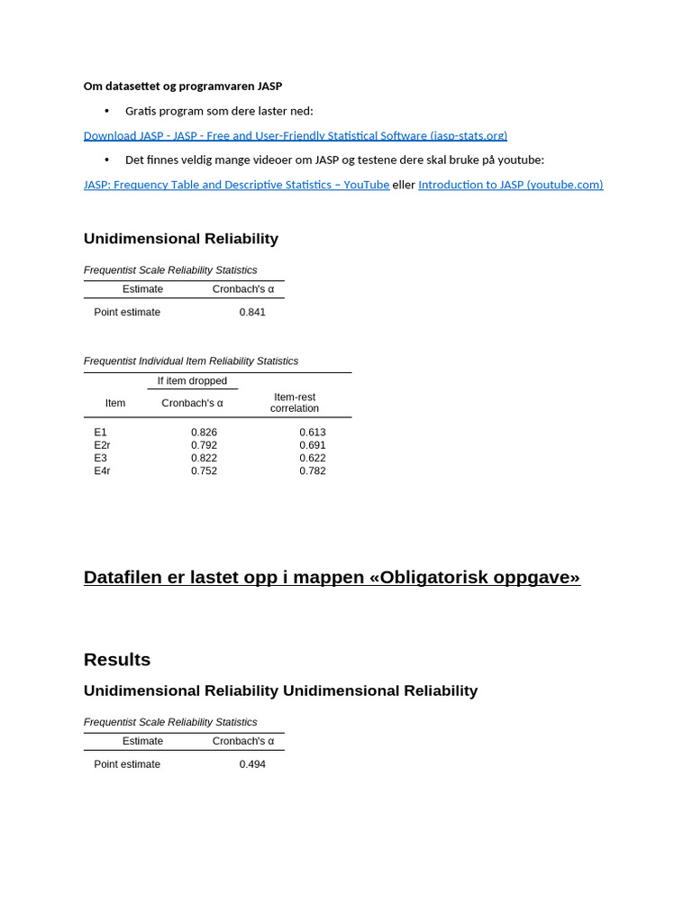 Om Datasettet, JASP Og Indre Konsistens For Målene | PDF | Cronbach's ...