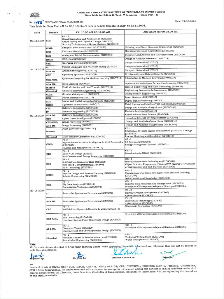 Be Btech V - Sem Class - Ii Time Table | PDF