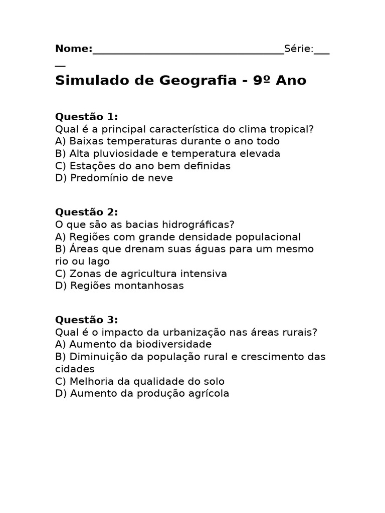 Simulado de Geografia 9°ano | PDF