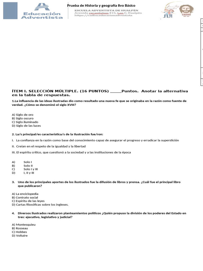 Prueba de Historia y Geografía 8vo Básico | PDF | Era de iluminacion ...