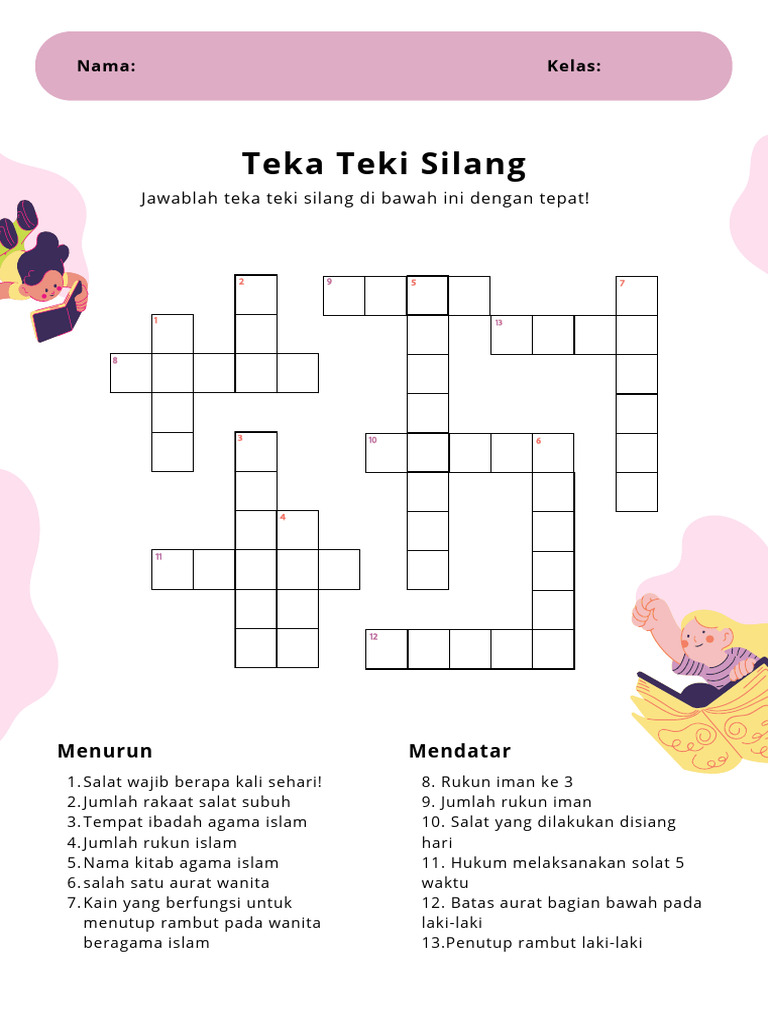 Teka Teki Silang Lembar Kerja Pendidikan Agama Islam Ungu Sederhana Illustratif | PDF