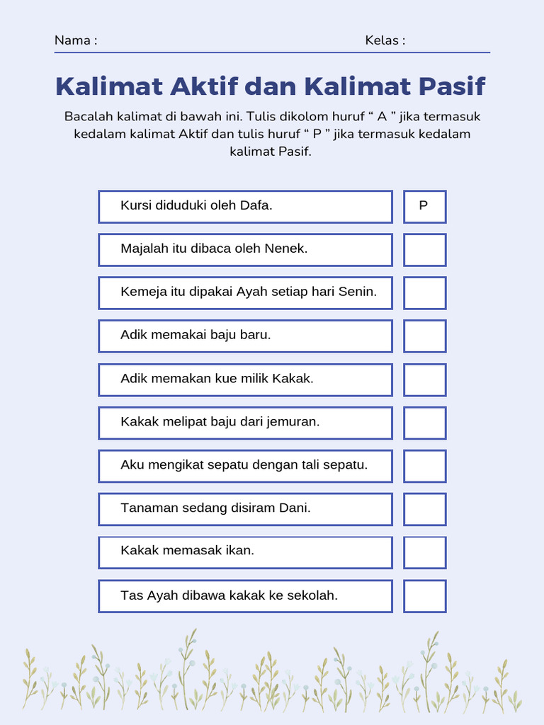 Kalimat Aktif Dan Kalimat Pasif Lembar Kerja Biru Putih Sederharna | PDF