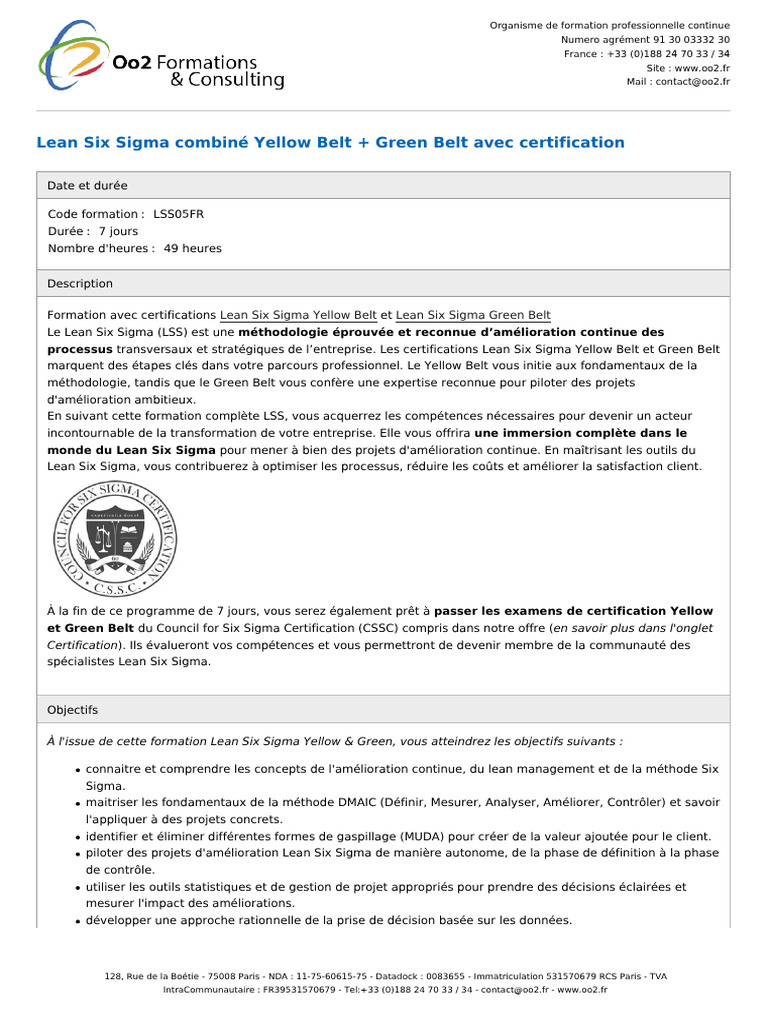 Formation Lean Six Sigma Yellow & Green Belt | PDF | Six Sigma | Lean ...