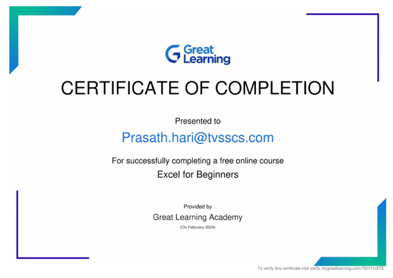 Excel Course Completion - Hari | PDF | Career & Growth