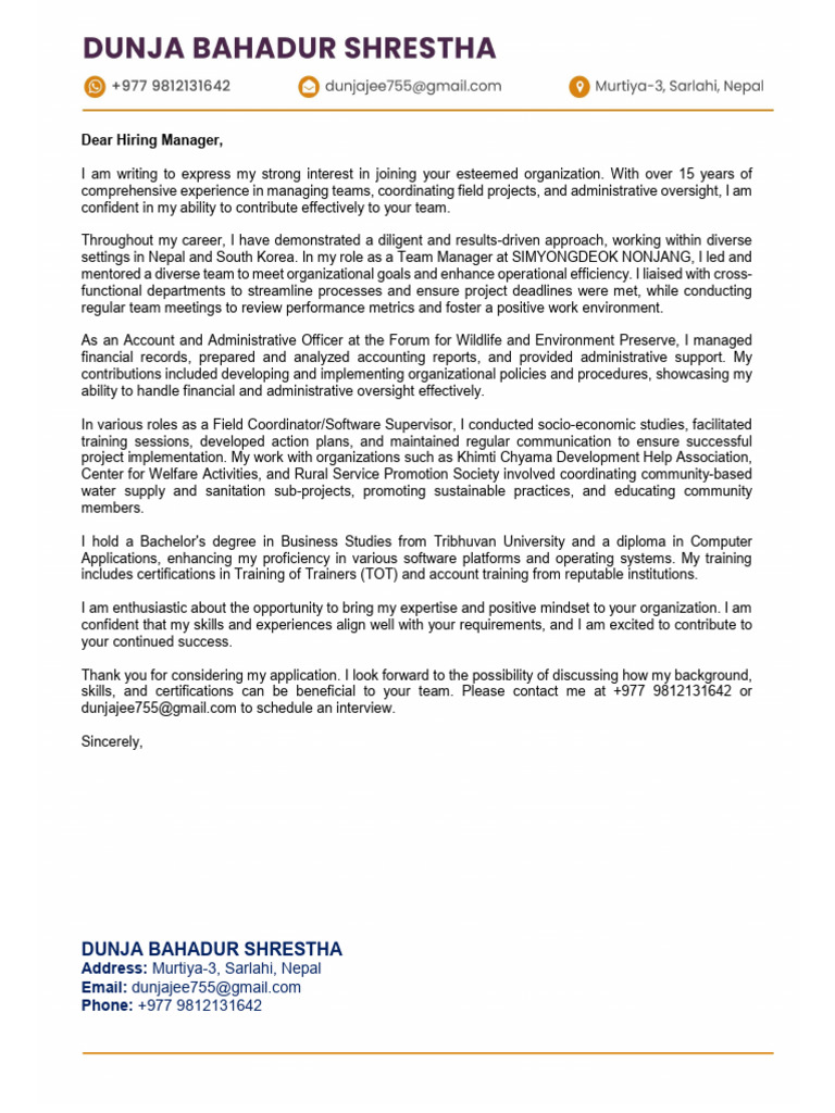 Dunja Bahadur Shrestha Cover Letter | PDF | Business