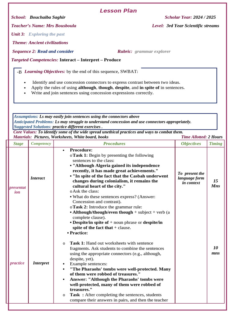 Concession Lesson Plan | PDF | Sentence (Linguistics) | Cognition