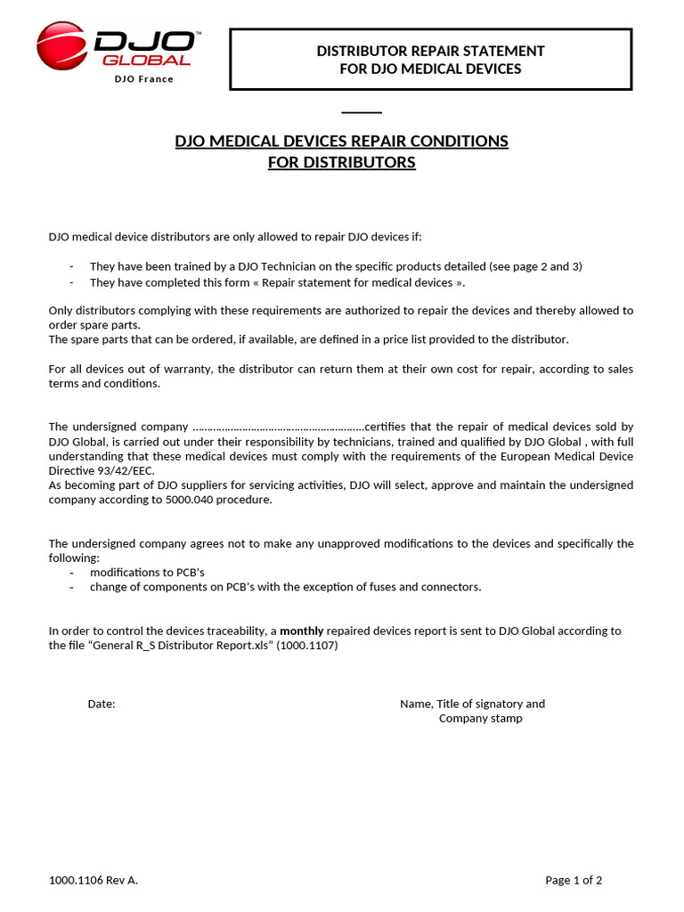 1000.1106 A - Distributor Repair Statement For DJO Medical Devices ...