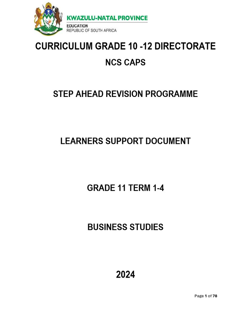 2024 Business Studies Learner Step Ahead Document Grade 11 2024 Final ...