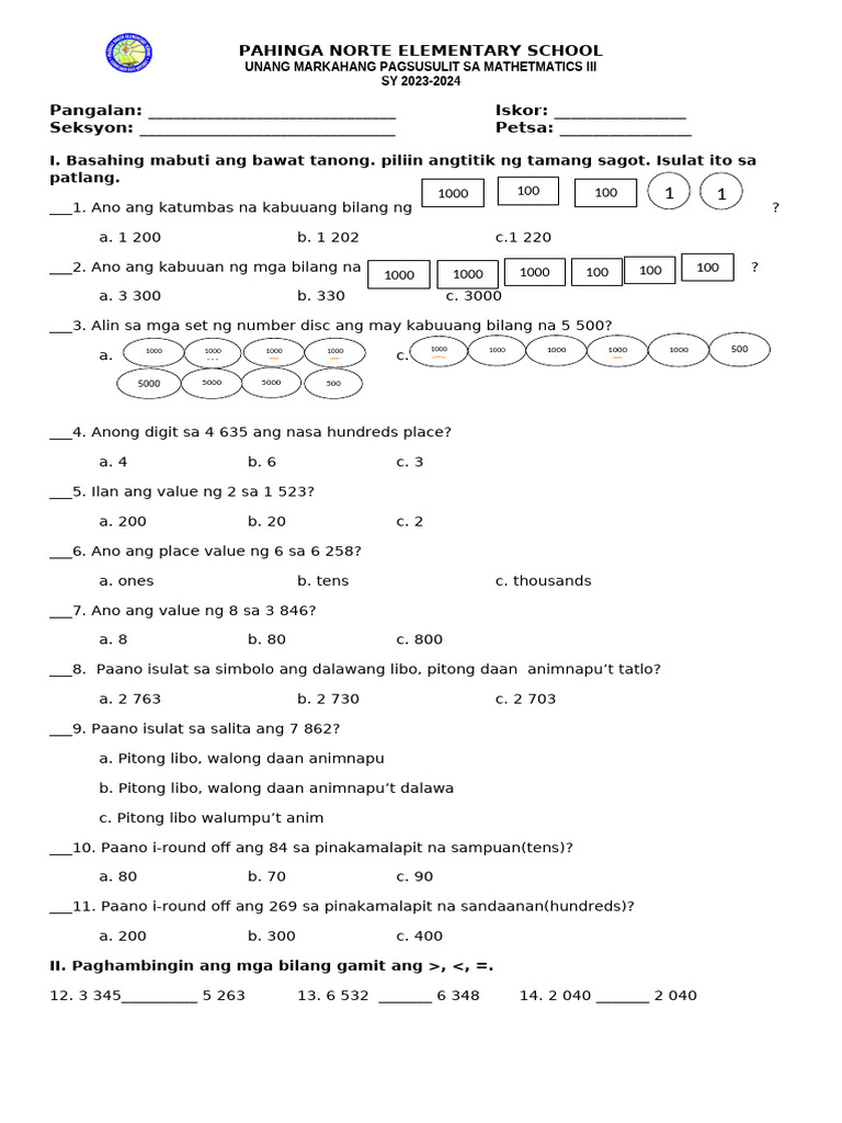 Mathematics 1st Periodical Test | PDF