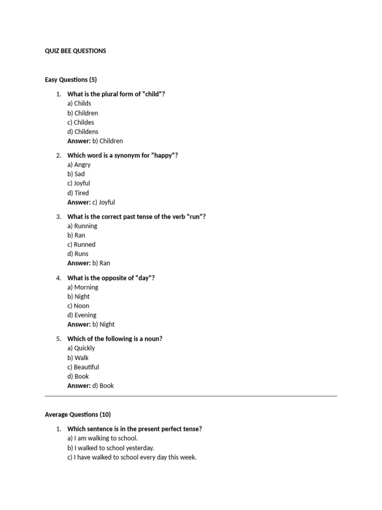 QUIZ BEE QUESTIONS | PDF | Adverb | Verb