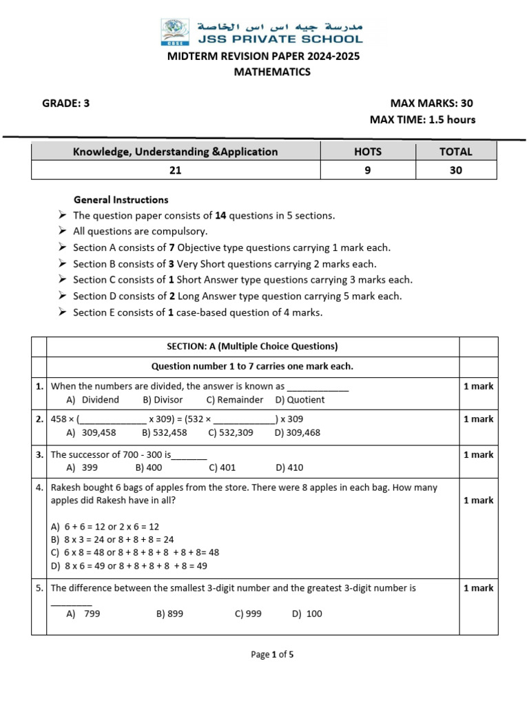 MATH-Grade 3-MID TERM REVISION-PAPER-2024-25 | PDF | Division ...