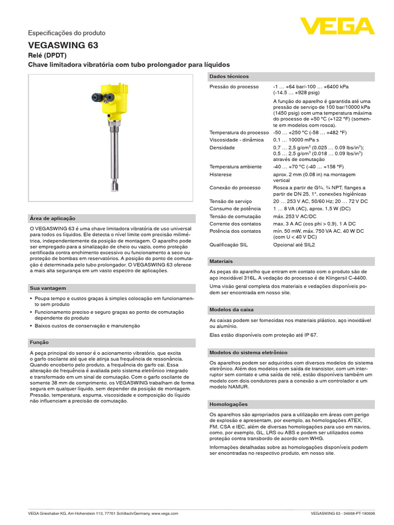 PT Data Sheet VEGASWING 63 Relé (DPDT) Chave Limitadora Vibratória Com ...