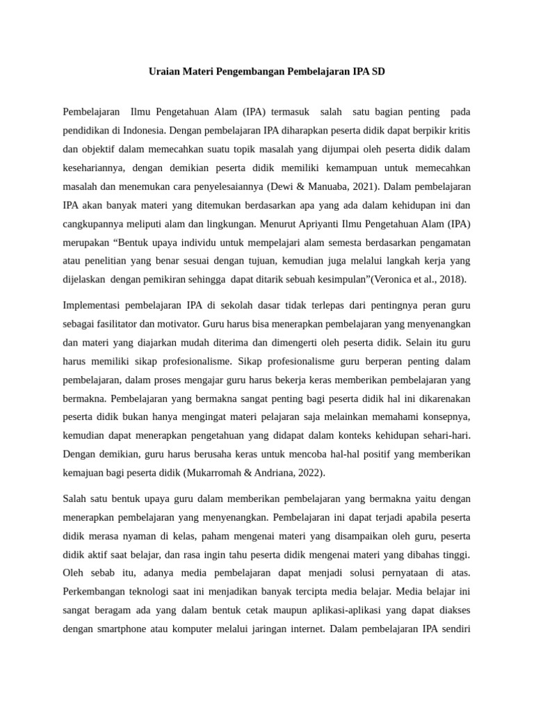 Uraian Materi Pengembangan Pembelajaran IPA SD | PDF