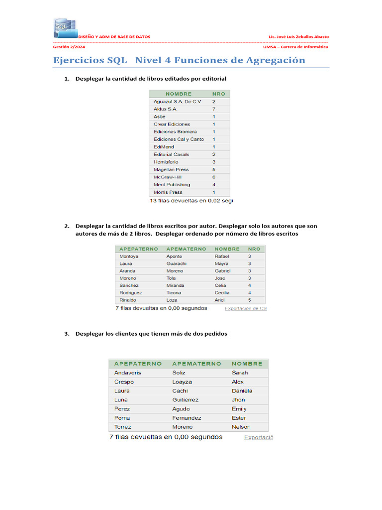 Ejercicio Nivel 4 SQL Funciones de Agregacion SP | PDF