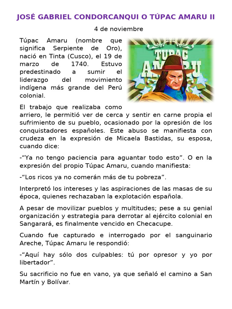 José Gabriel Condorcanqui o Túpac Amaru II | PDF | Viajes y turismo
