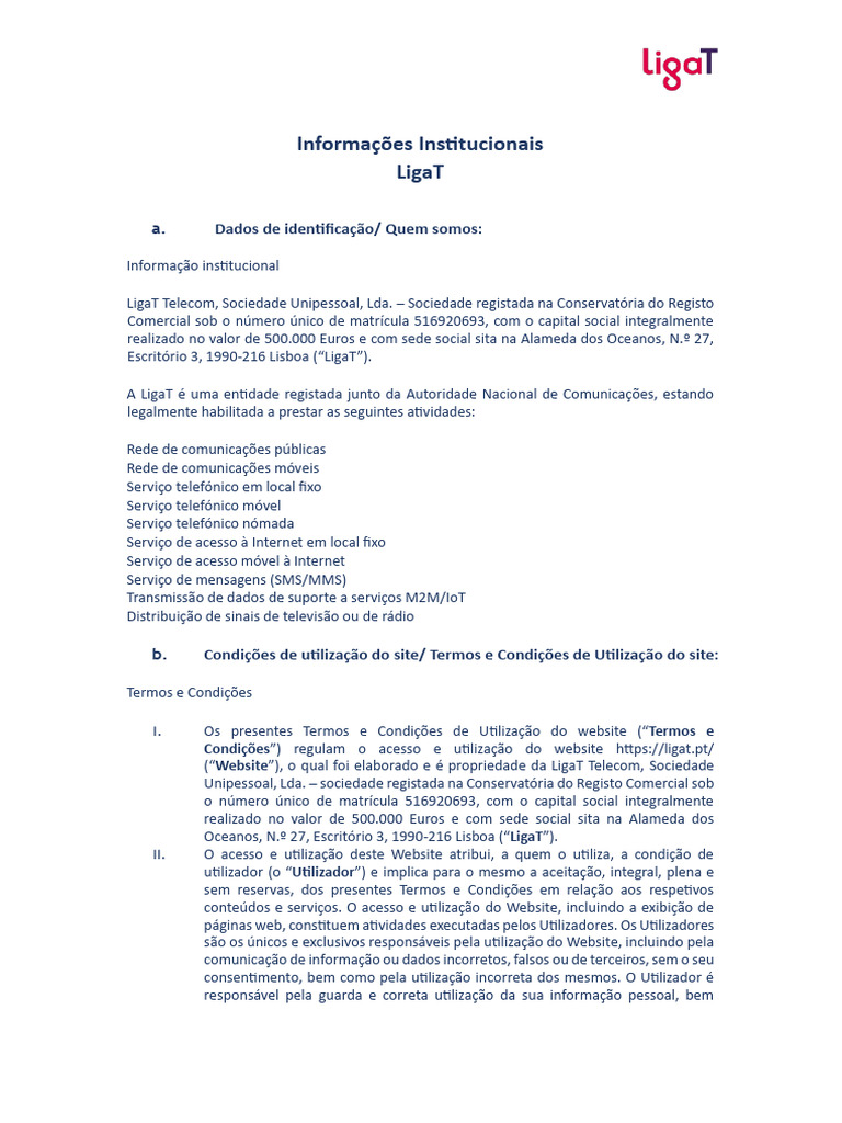 Termos e Condições da LigaT Telecom | PDF | Sites | Informação