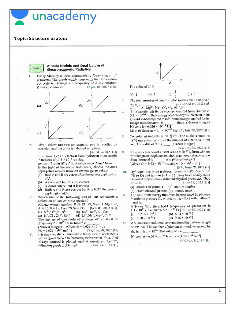 10. Chemistry Assignment-PYQs _Structure of Atom | PDF