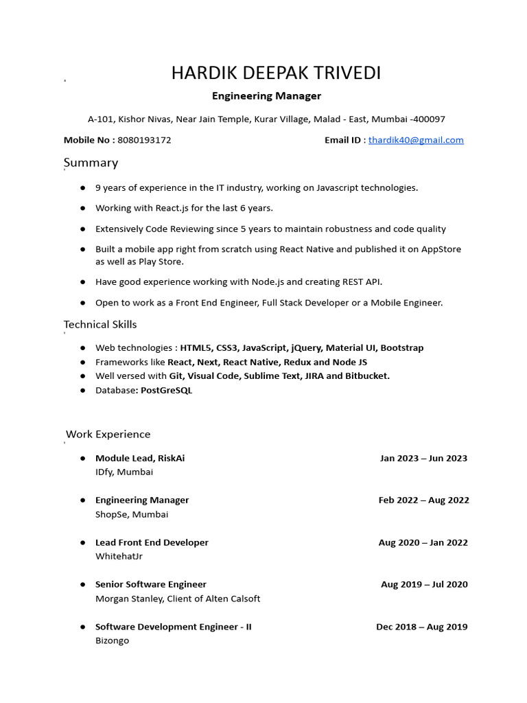 Hardik Trivedi - Resume | PDF | Mobile App | Angular Js