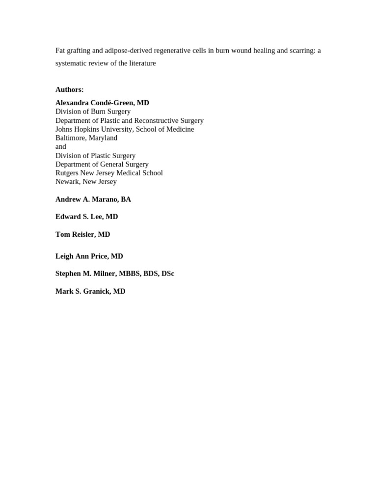 Fat Grafting and Burns Systematic Review PRS | PDF | Scar | Wound Healing