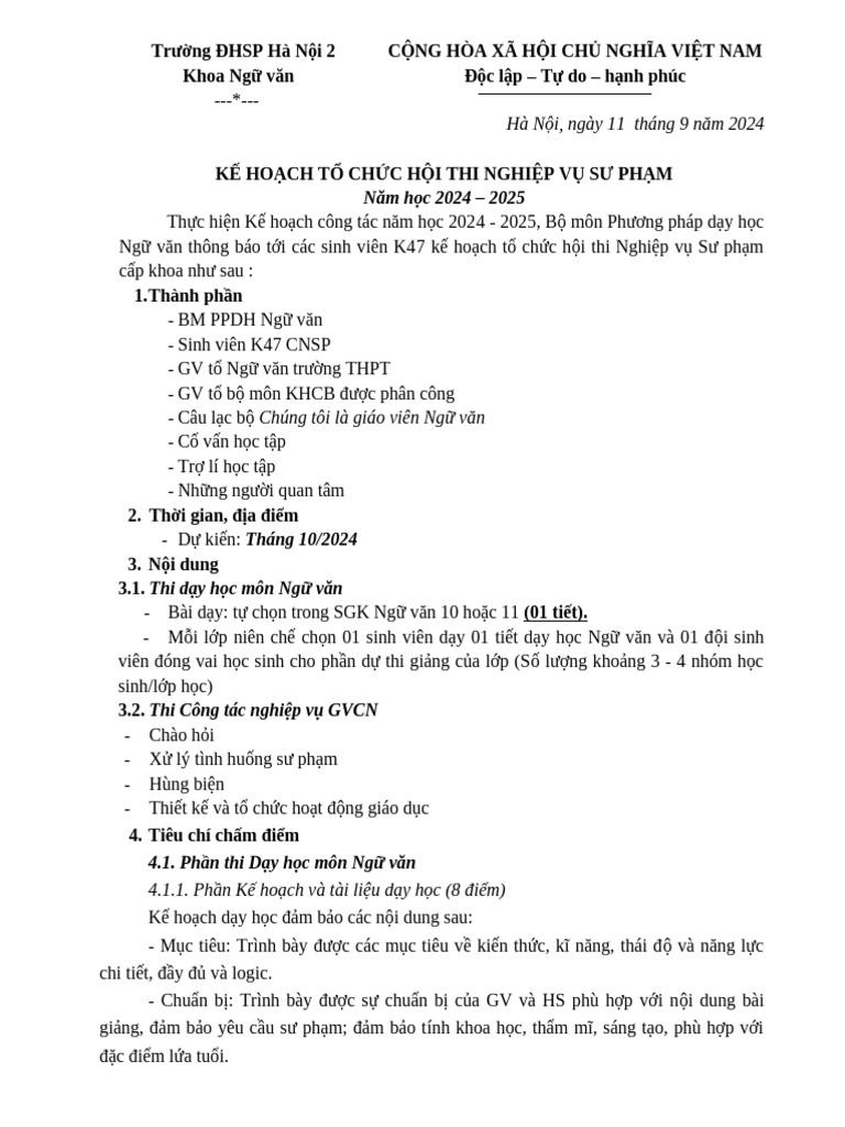1.Kế hoạch NVSP.K47SPNV (2024-2025) | PDF