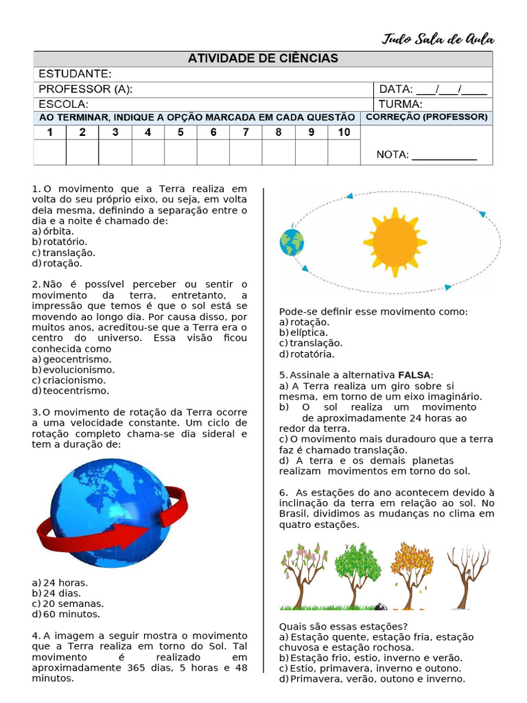 Atividade - Movimentos Da Terra | PDF | Terra | Sol