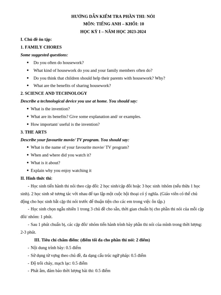 HƯỚNG DẪN KIỂM TRA PHẦN THI NÓI HKI NH 2023-2024 | PDF
