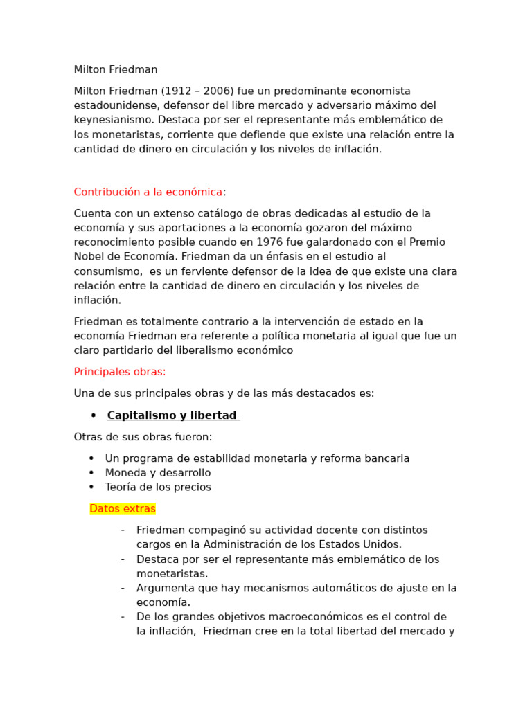 Milton Friedman. Economía | PDF | Milton Friedman | Inflación