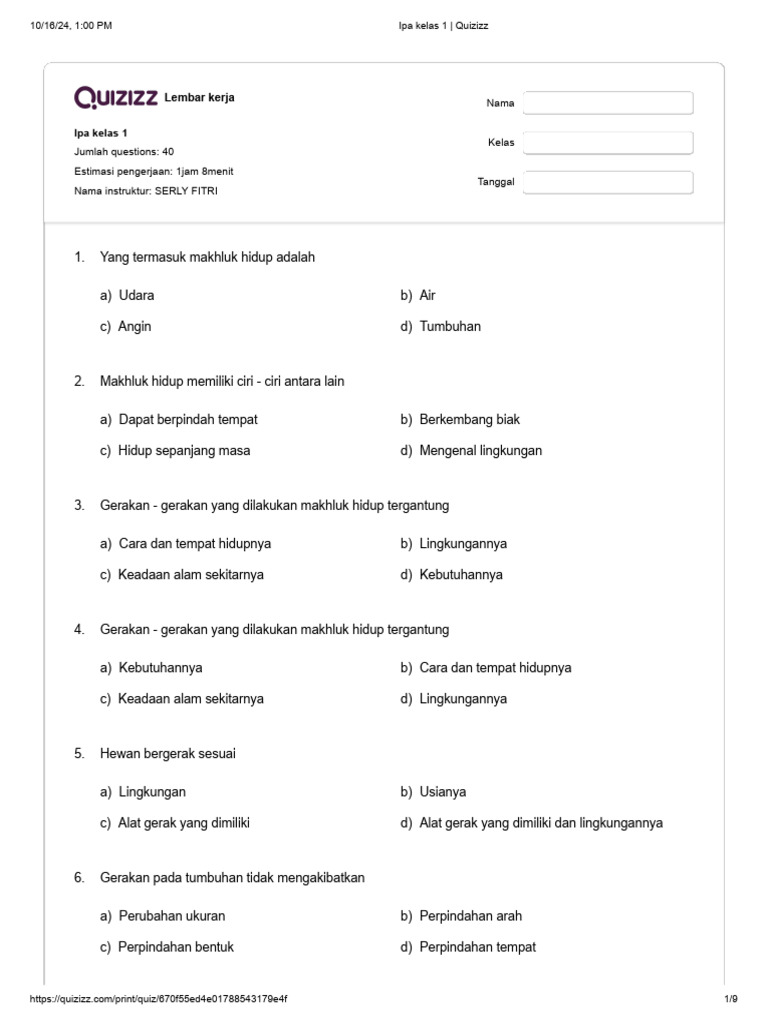 Ipa Kelas 1 - Quizizz | PDF | Griya & Taman | Sains & Matematika