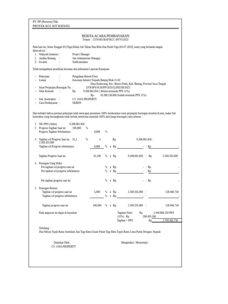 Berita Acara Pembayaran - KCC Import - CV PJ | PDF