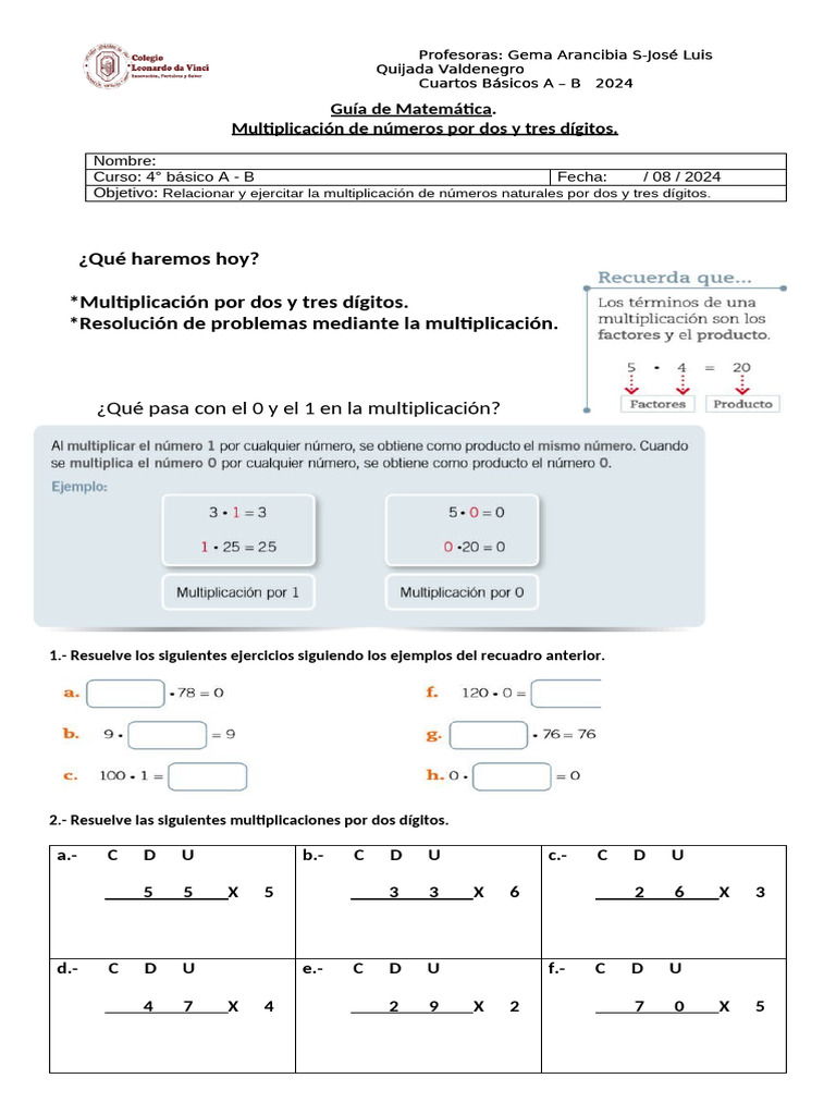Guia Matemática Multiplicación Dos y Tres Digitos. Resolucion de ...