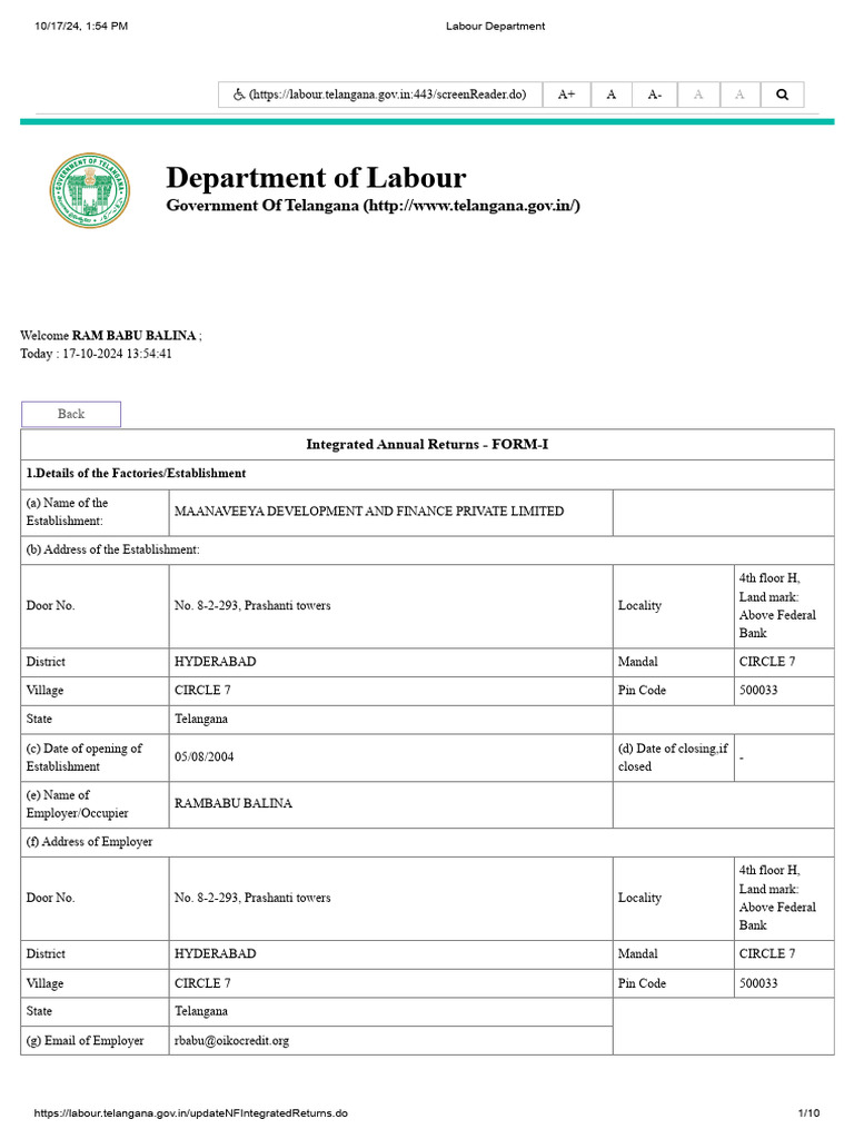 Telangana Integrated Annual Return Form-I | PDF | Employment | Salary