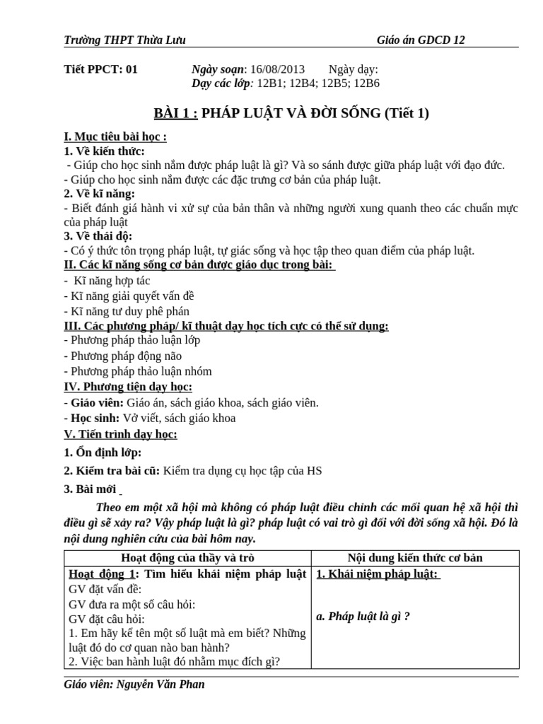 Giao An GDCD Khoi 12 Hoc Ky 1 | PDF