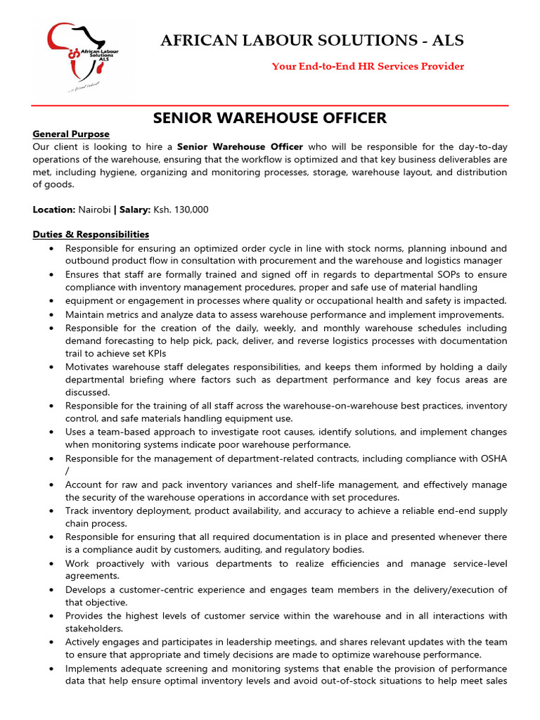 Senior Warehouse Officer - Job Advert - ALS | PDF | Warehouse | Logistics
