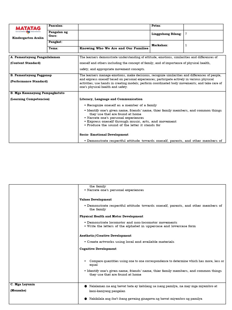 Kinder MATATAG DLP - Q1 - WEEK 7 | PDF