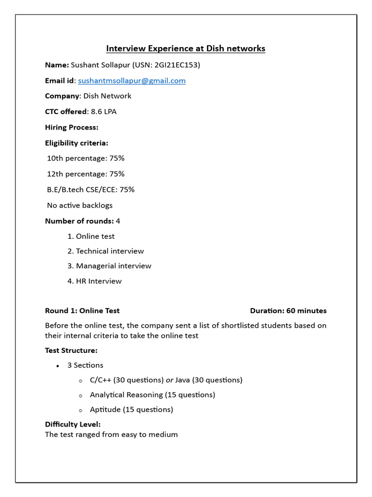 Sushant - Dish Network - Interview Experience | PDF | Internet Protocol ...