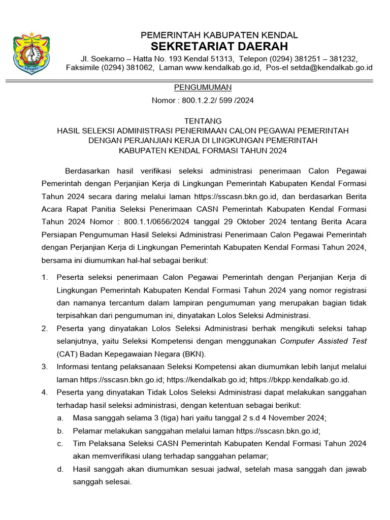 Pengumuman Hasil Seleksi P3K 2024 | PDF