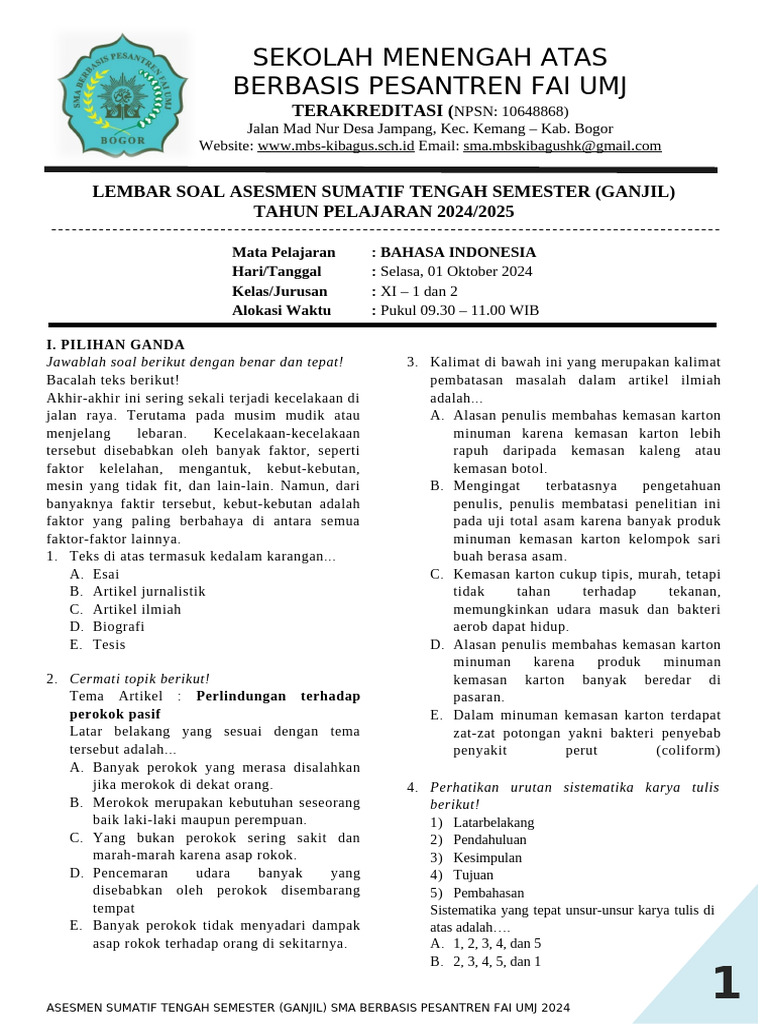 Soal Bindo Xi - Asts Ganjil 2024 | PDF