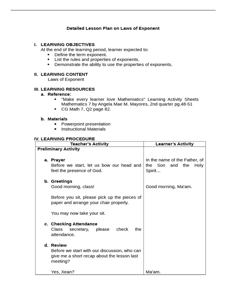 Detailed Lesson Plan On Laws Of Exponent Pdf Exponentiation Learning