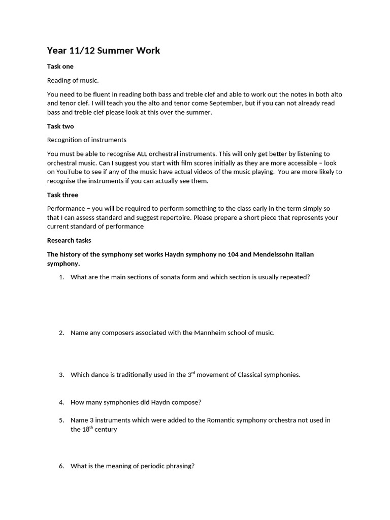 A Level Music Summer Work 2022 | PDF | Symphony | Classical Period (Music)