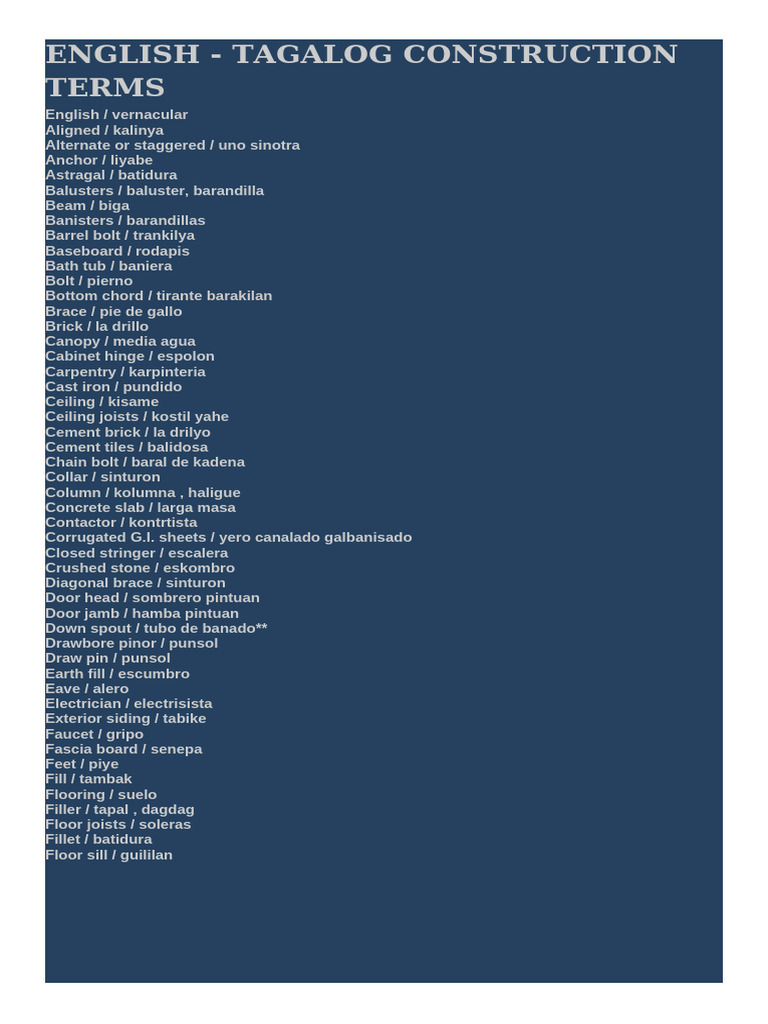 English-Tagalog Construction Terms | PDF | Framing (Construction ...