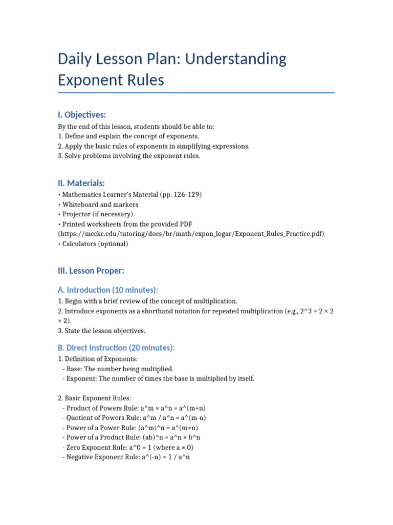 Daily Lesson Plan Exponent Rules | PDF