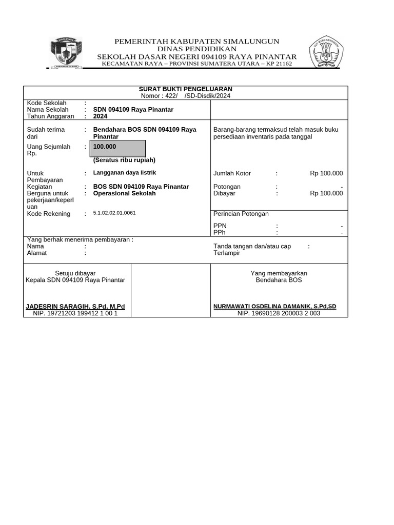 Bukti Pengeluaran Listrik SDN | PDF
