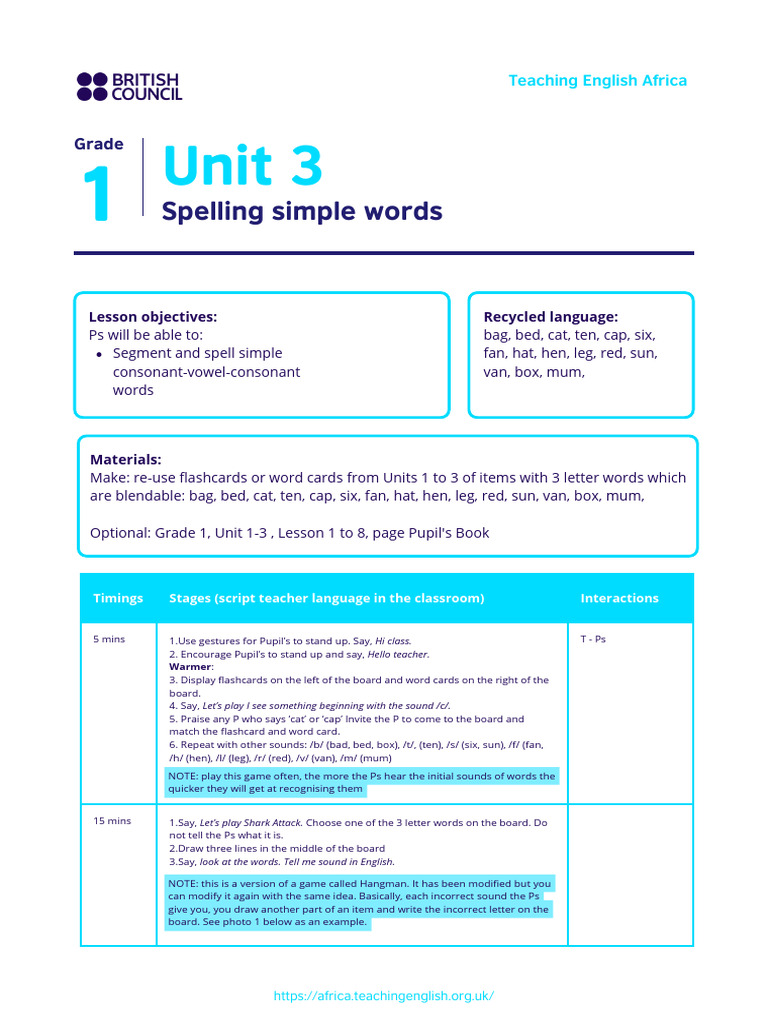 Grade 1 - Lesson Plan - Unit 3 - Spelling Simple Words | PDF | Teachers ...