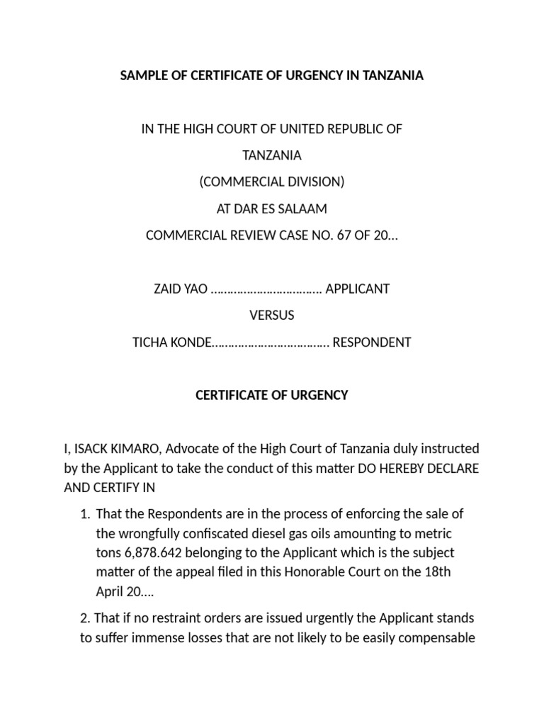 Sample of Certificate of Urgency in Tanzania | PDF