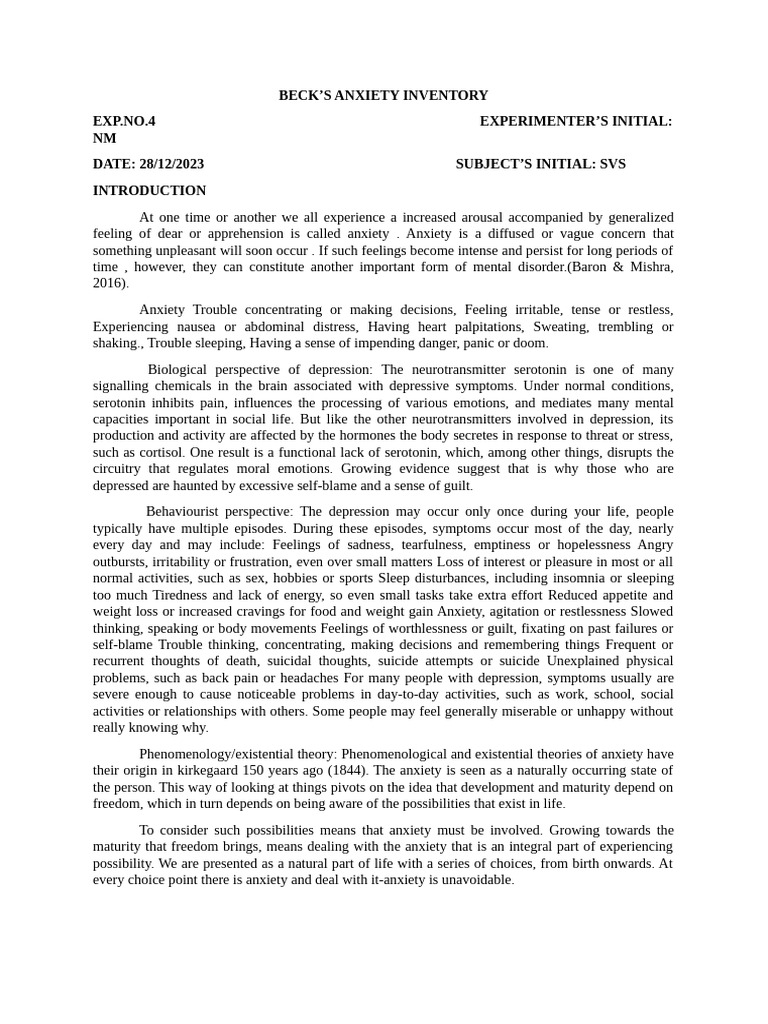 BECK ANXIETY INVENTORY | PDF | Anxiety | Major Depressive Disorder