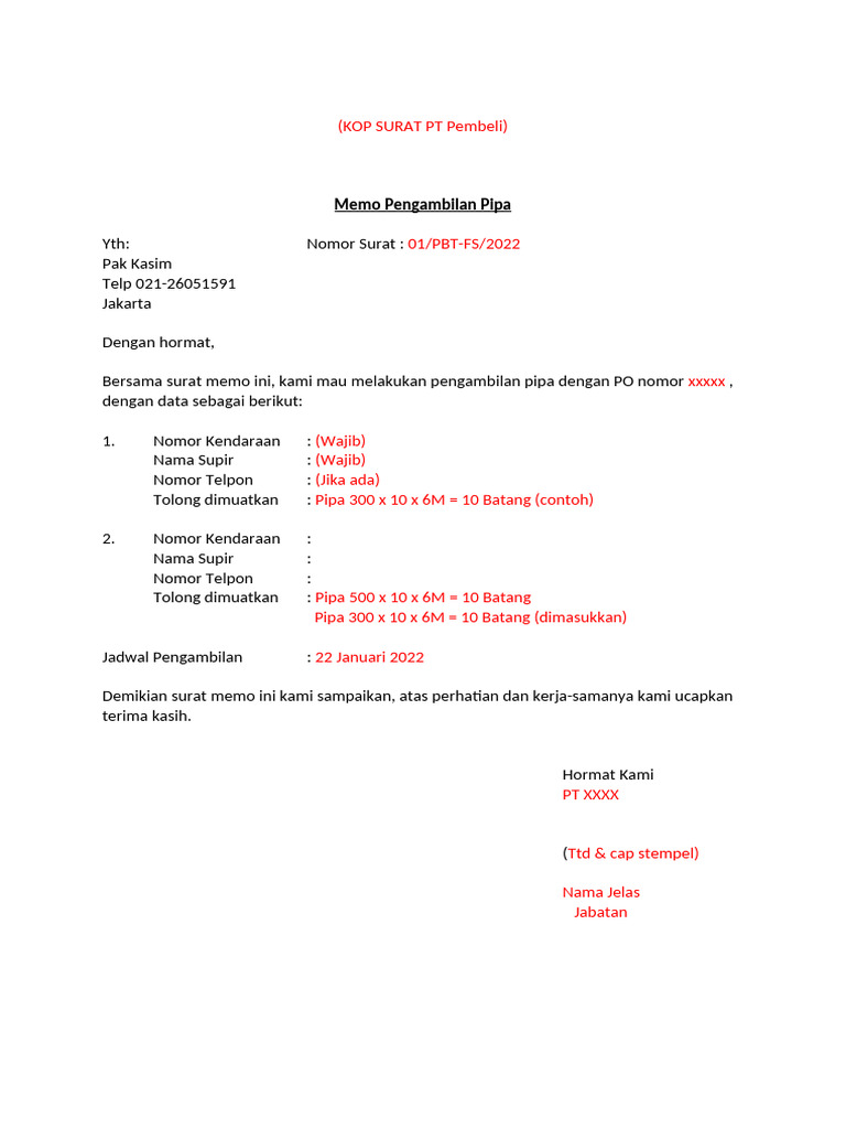 Memo Pengambilan Pipa PT Pembeli | PDF